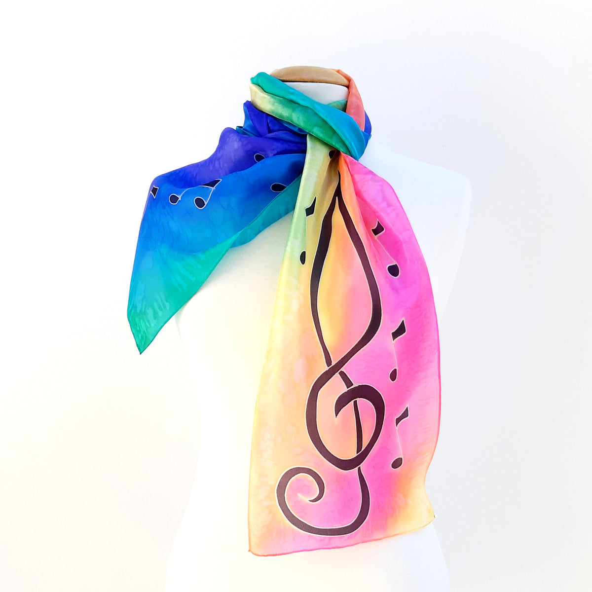 TREBLE CLEF Rainbow Blue Pink HAND PAINTED Design Silk Scarf – Lynne Kiel