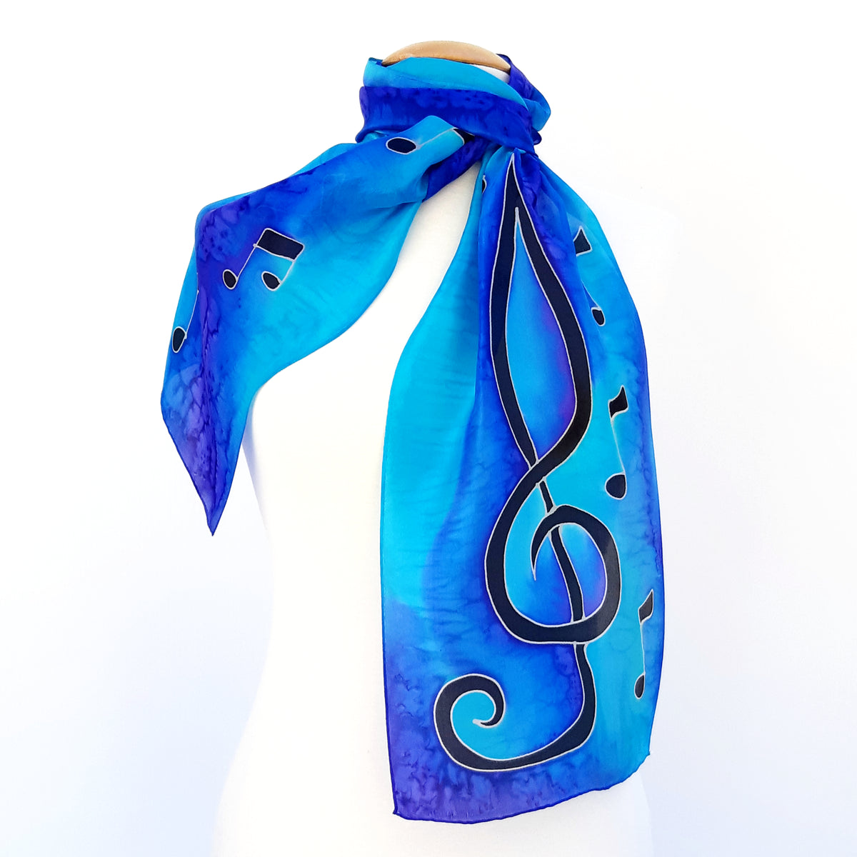 Painted Silk TREBLE CLEF MUSIC Long Scarf Blue Purple Turquoise colors ...